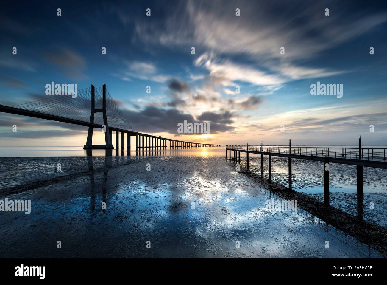 Portugal, Lisbon, Vasco da Gama Bridge in the Tagus River Bay Stock ...