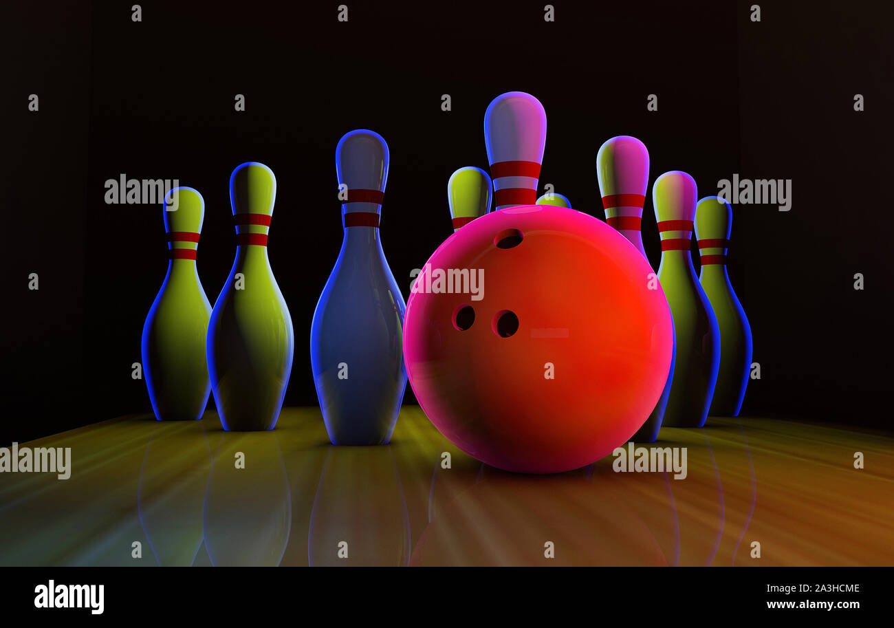 Bowling strike with neon ball and pins Stock Photo - Alamy