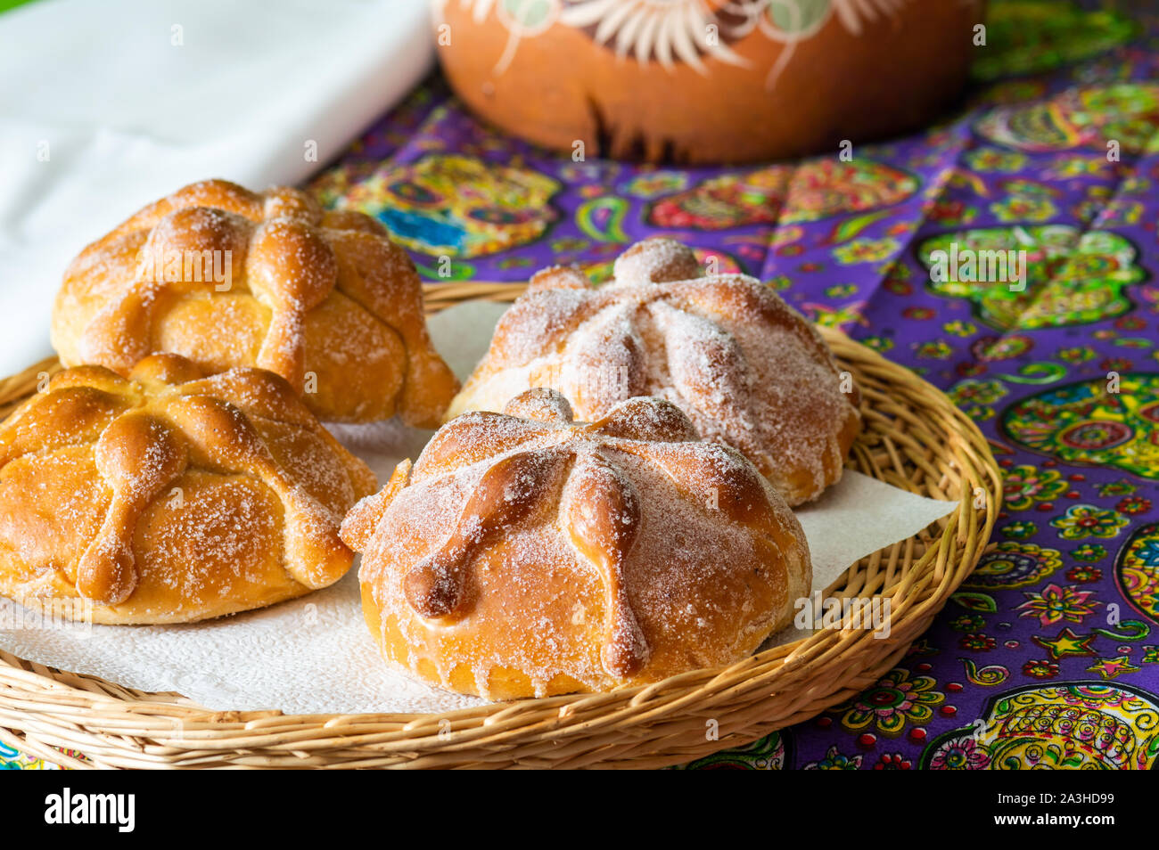Traditional Mexican bread of the dead (pan de muerto) served with coffe ...