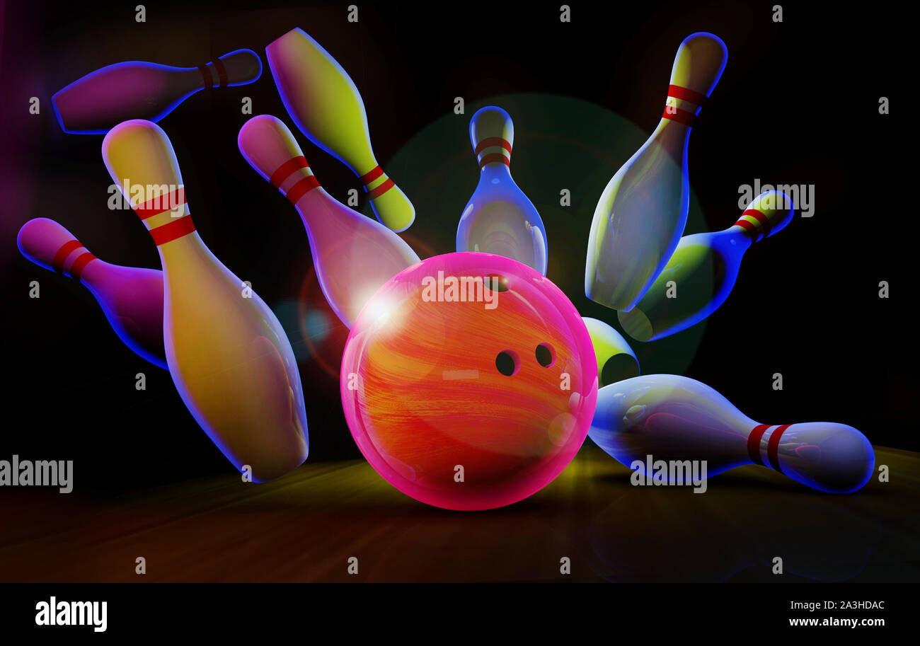 Bowling strike with neon ball and pins Stock Photo - Alamy