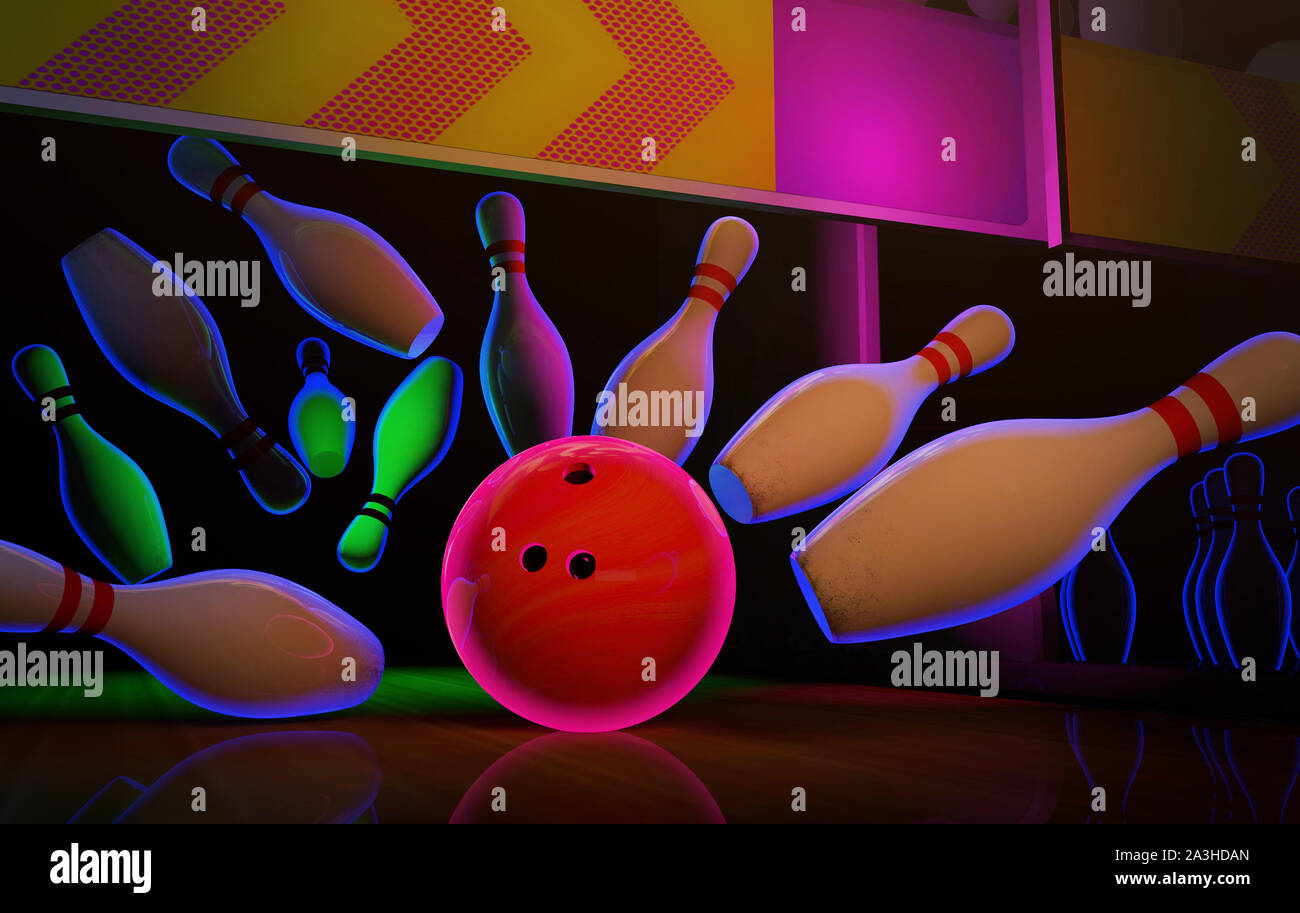 Bowling strike with neon ball and pins Stock Photo - Alamy