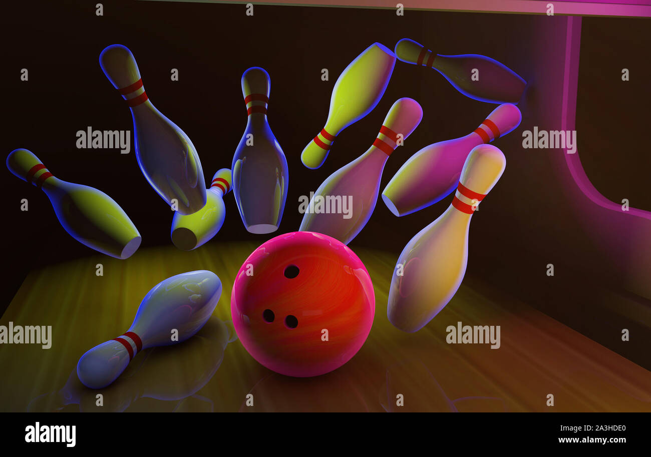 Bowling strike with neon ball and pins Stock Photo - Alamy