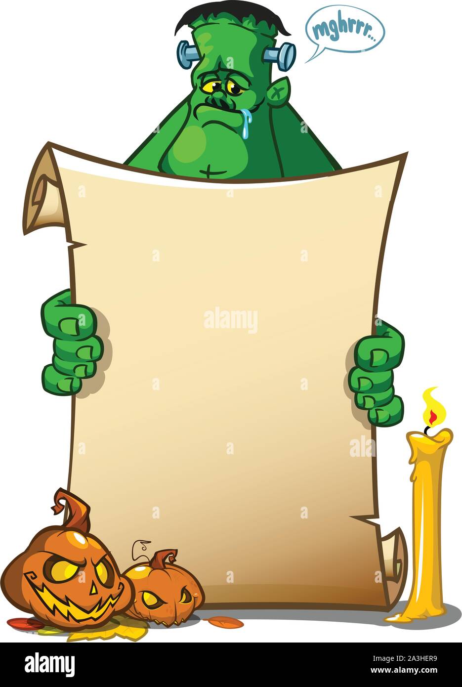 Cartoon monster holding blank paper paper scroll. Vector decoration ...