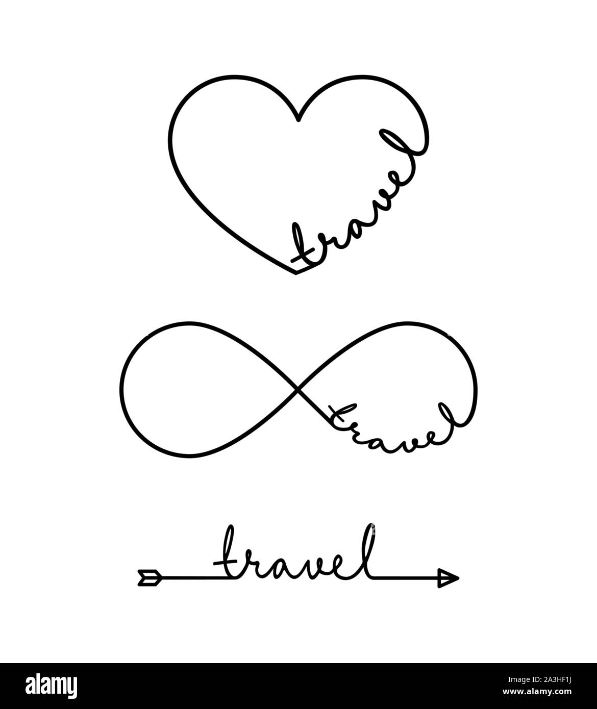 Travel - word with infinity symbol, hand drawn heart, one black arrow ...