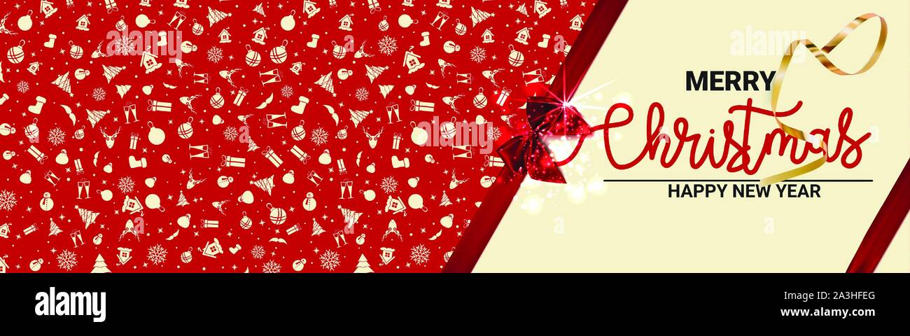 Mock up for Christmas holiday cards. Ribbon tied banner with bow ...