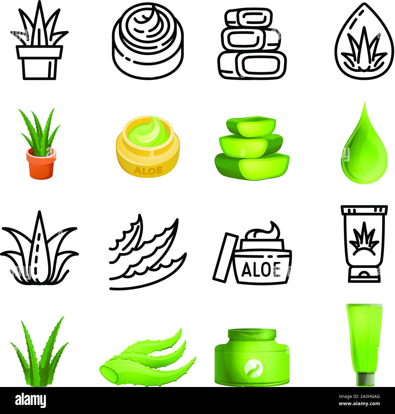Aloe vera set. Cartoon and thin line illustration of aloe vera vector ...