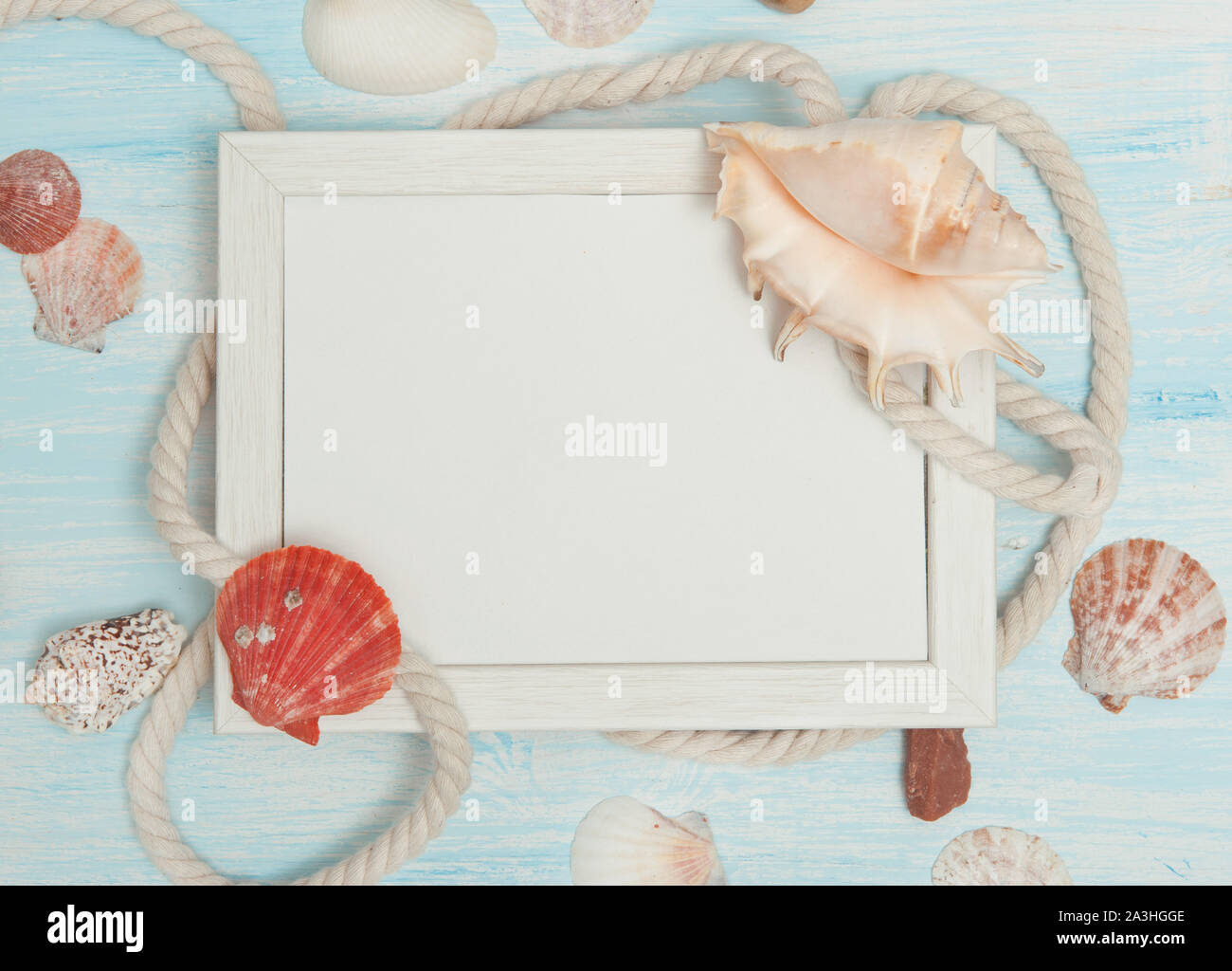 Sea background with blue wood, rope, starfish shells Stock Photo - Alamy
