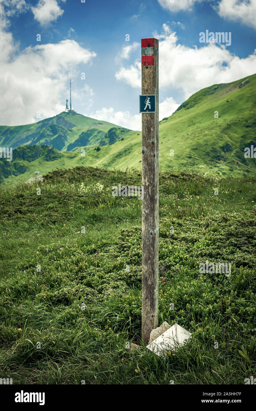 Hiking sign. Road sign board on the mountain. Adventure outdoor. Peak ...