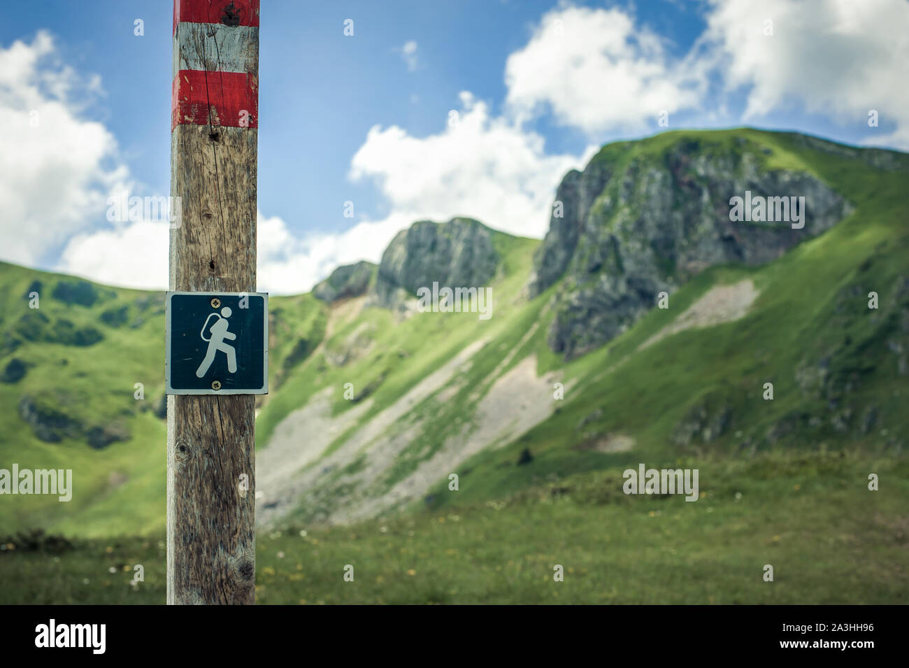 Hiking sign. Road sign board on the mountain. Adventure outdoor. Peak ...