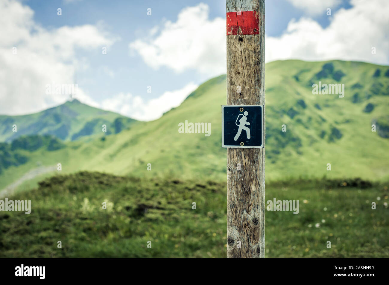 Hiking sign. Road sign board on the mountain. Adventure outdoor. Peak ...