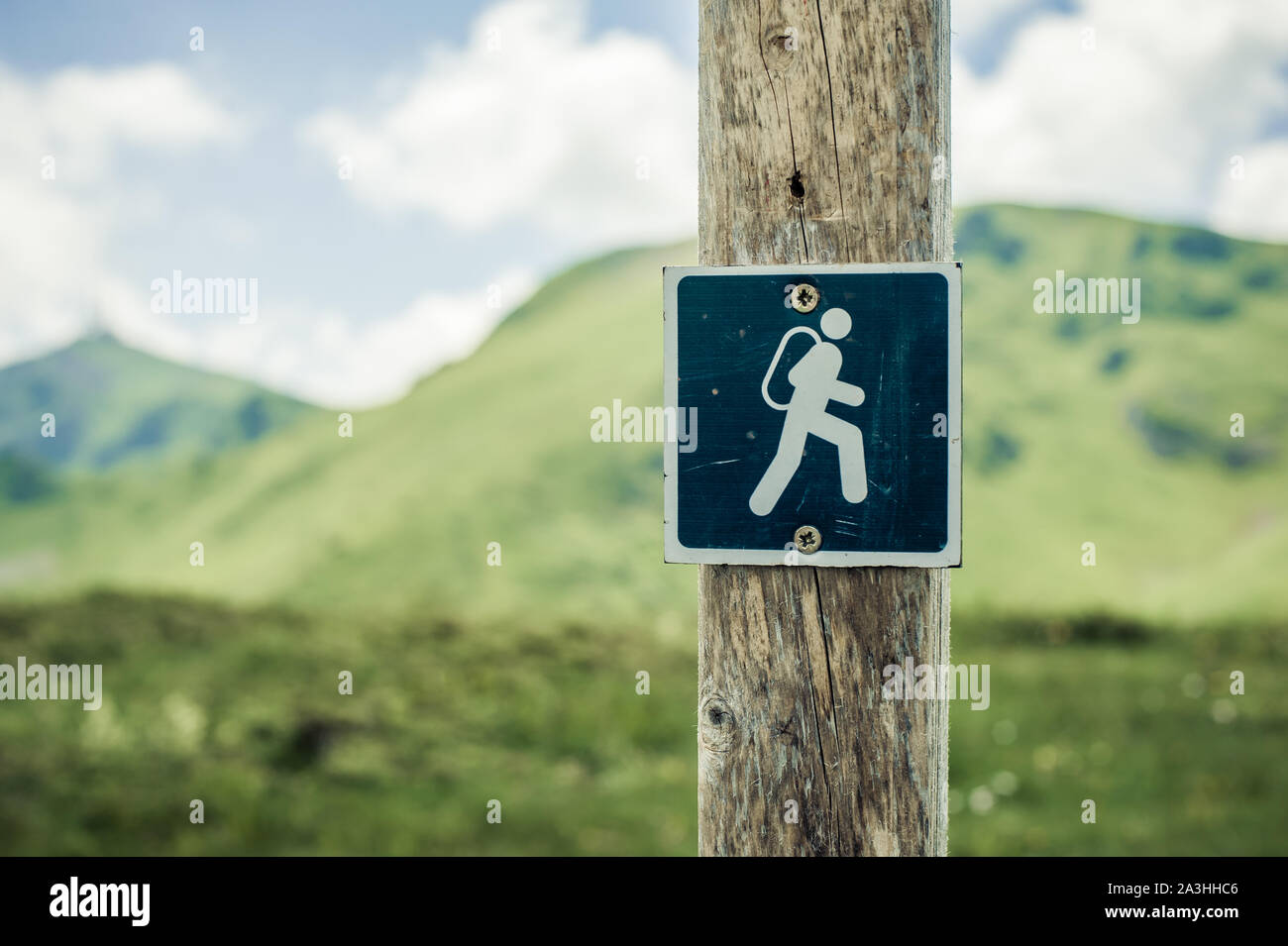 Hiking sign. Road sign board on the mountain. Adventure outdoor. Peak ...