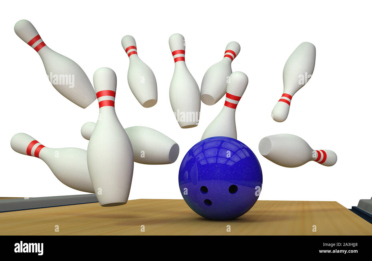 Bowling strike with a ball and skittles on a alley Stock Photo - Alamy