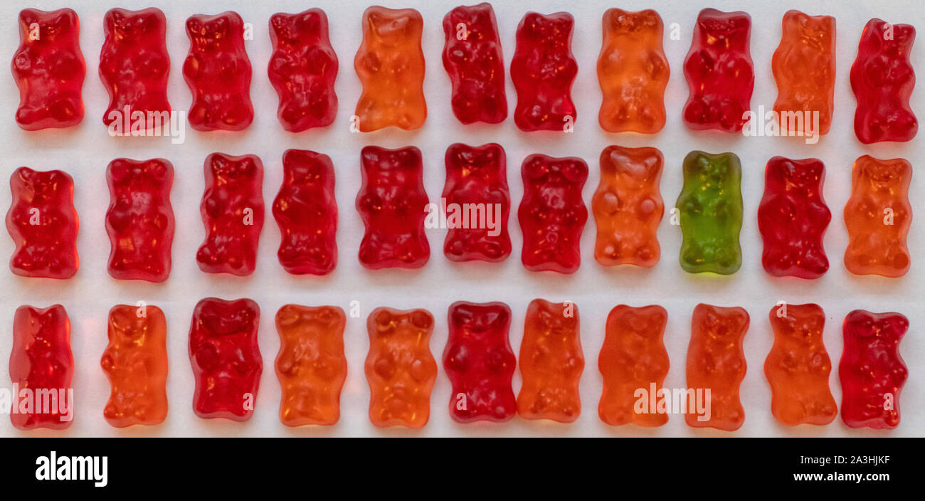 gummy bears, red in three rows and a green one in between Stock Photo ...