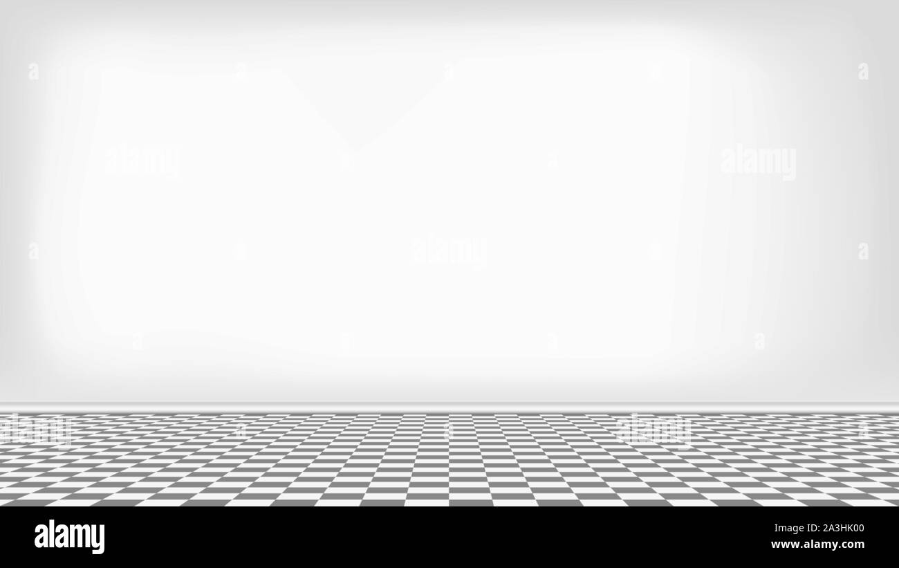 Room with white wall and squared pattern floor, interior of empty ...