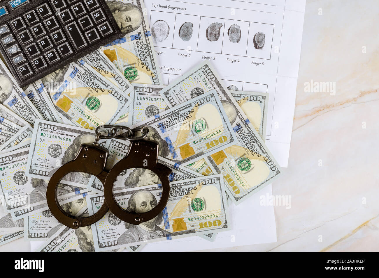 Handcuffs a criminal, fingerprints on a calculator on US dollar ...