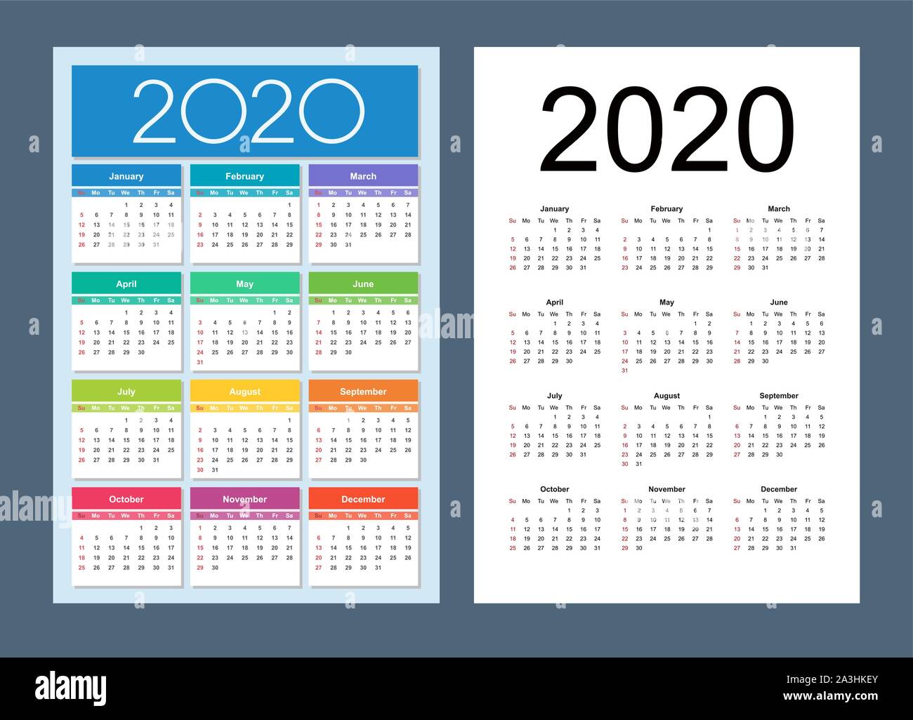 Calendar 2020 year set. Week starts on Sunday. Vertical calendar simple ...