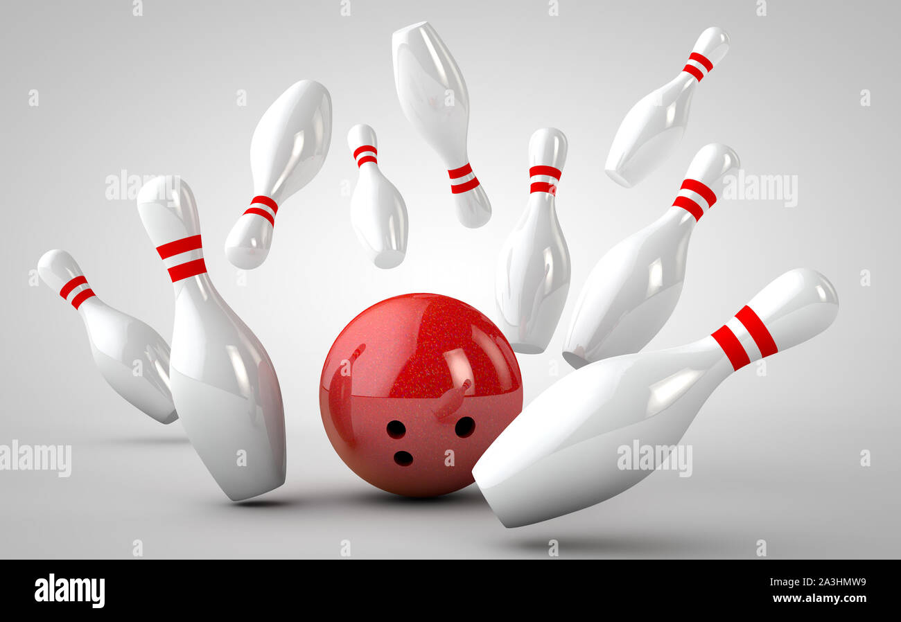 Bowling strike with a ball and skittles on white background Stock Photo ...