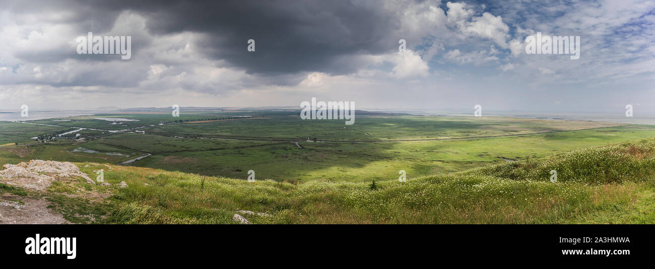 Panorama of marsh in green fields, shot in Romania countryside Stock ...