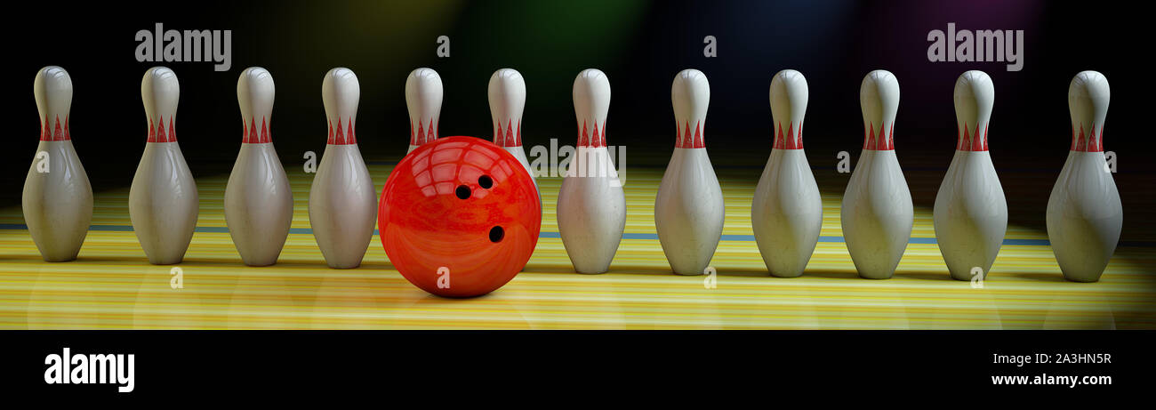 Bowling background with row of pins and a ball on the track Stock Photo ...