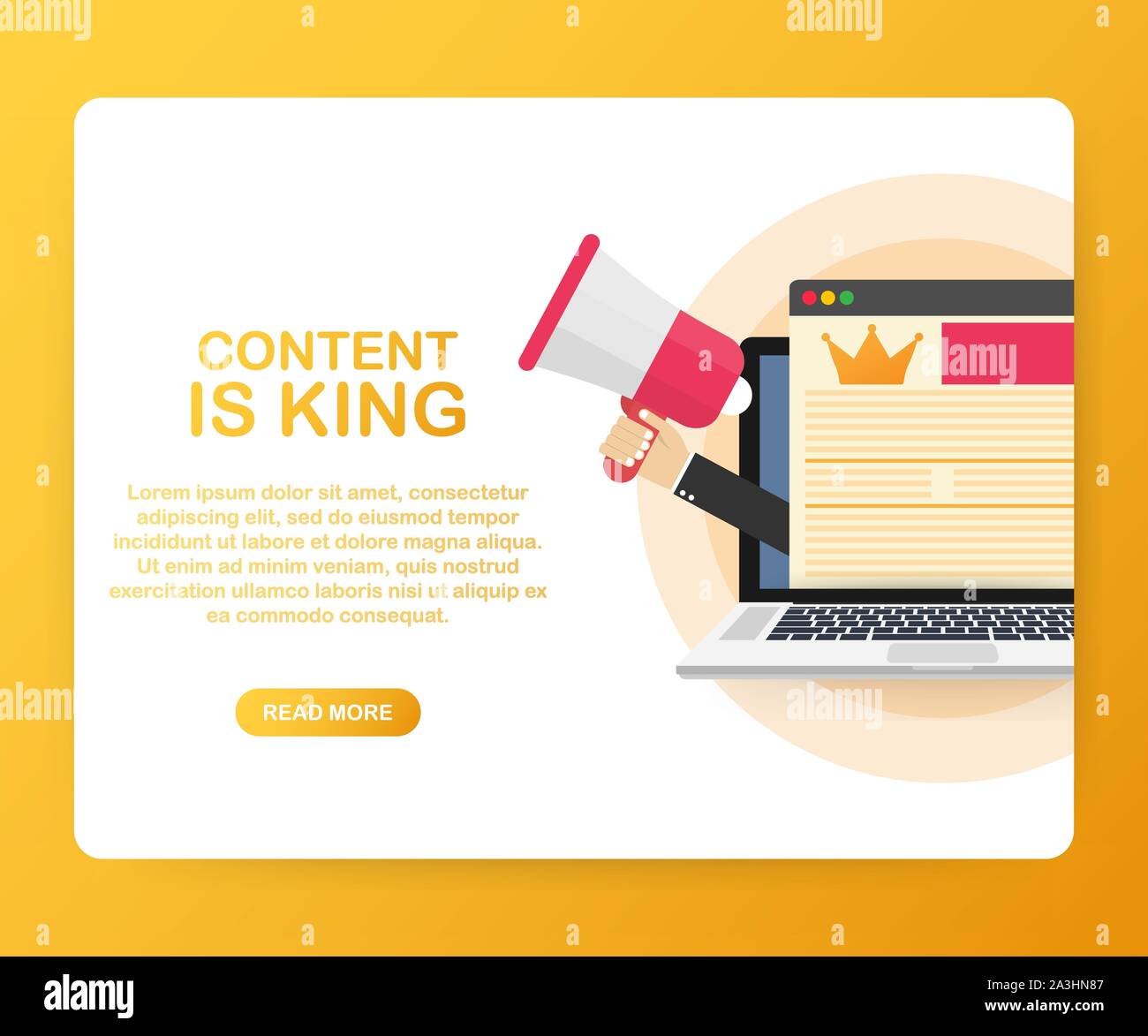 Content is king, marketing concept on a laptop screen. Flat vector ...