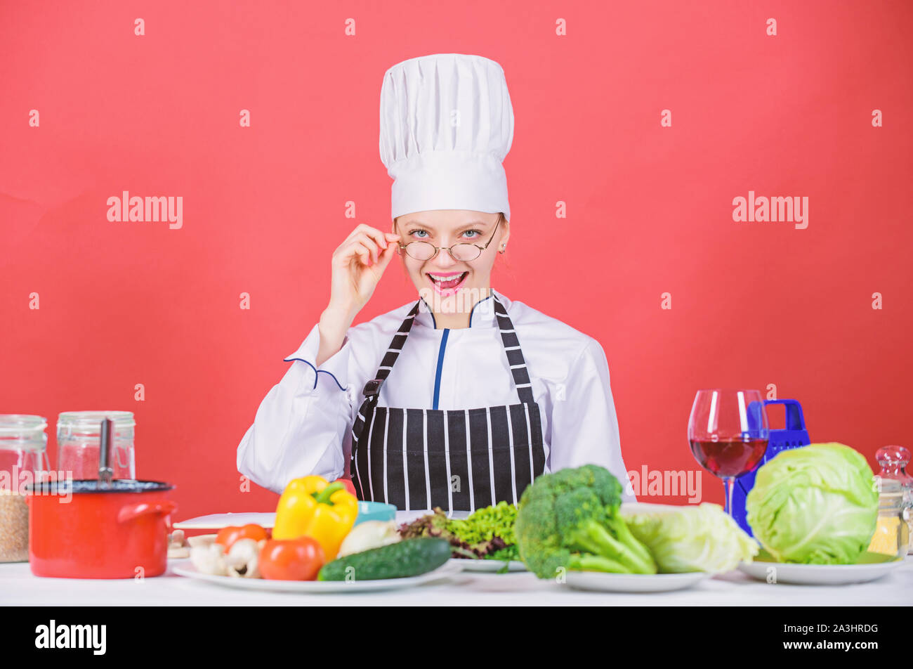 Culinary education. Culinary expert. Woman chef cooking healthy food ...