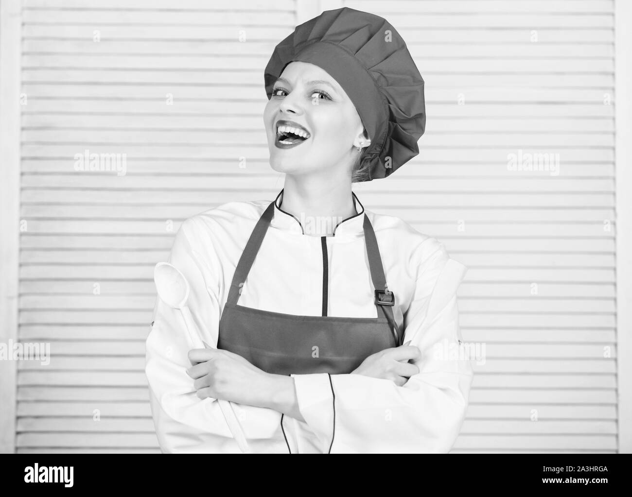 Culinary show concept. Woman pretty chef wear hat and apron. Delicious ...
