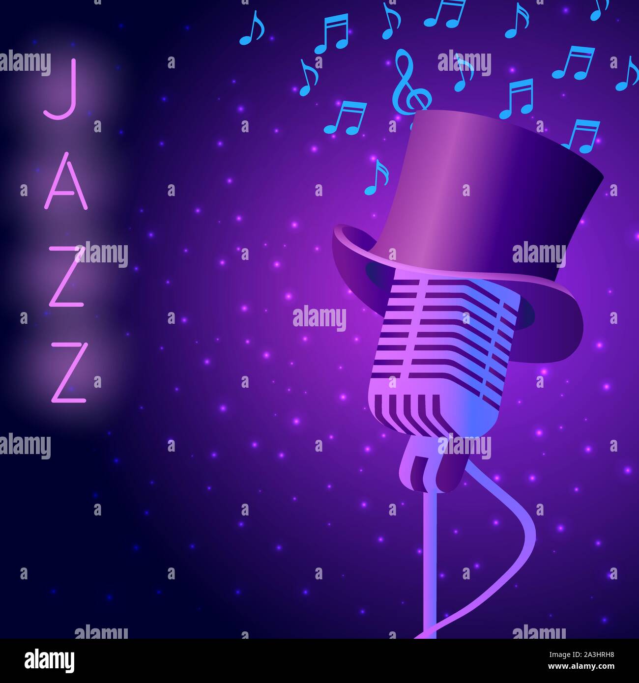 Jazz night party vector glowing poster with cylinder hat, retro mic and ...