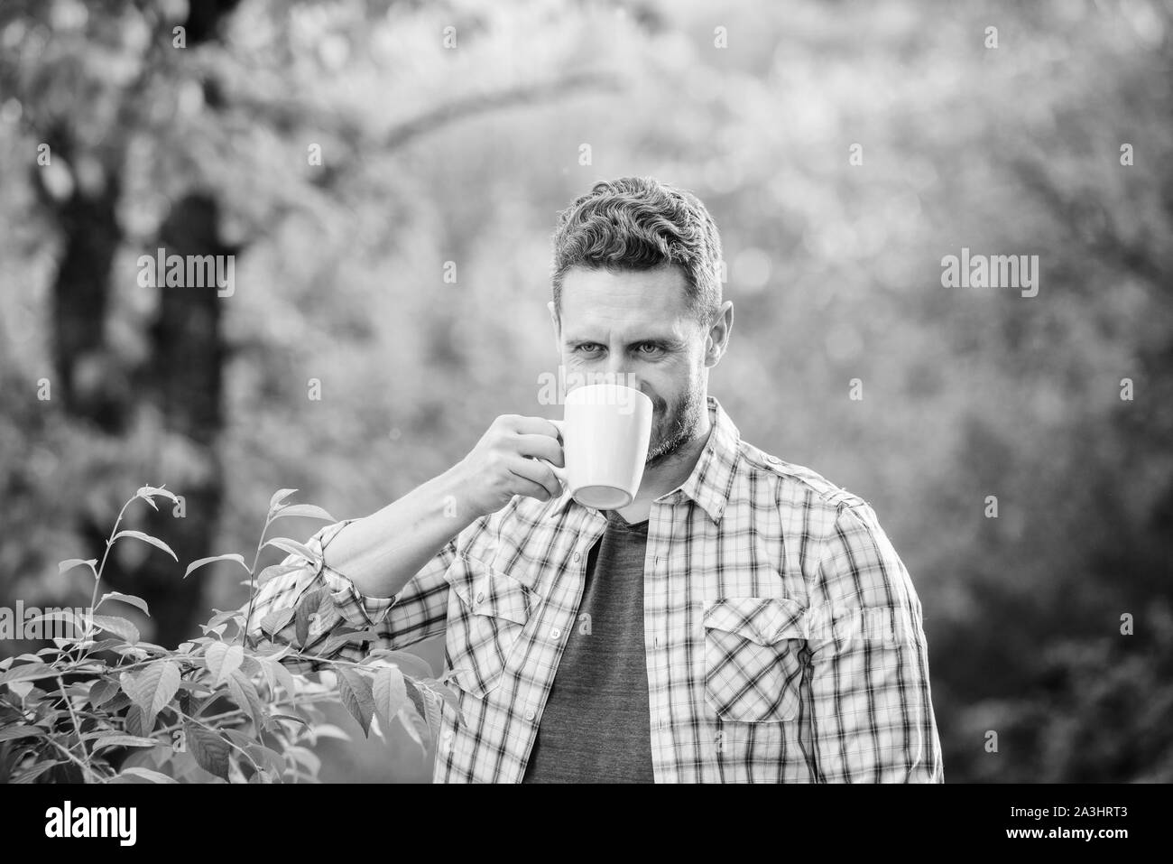 drink tea outdoor. morning coffee. healthy lifestyle. nature and health ...