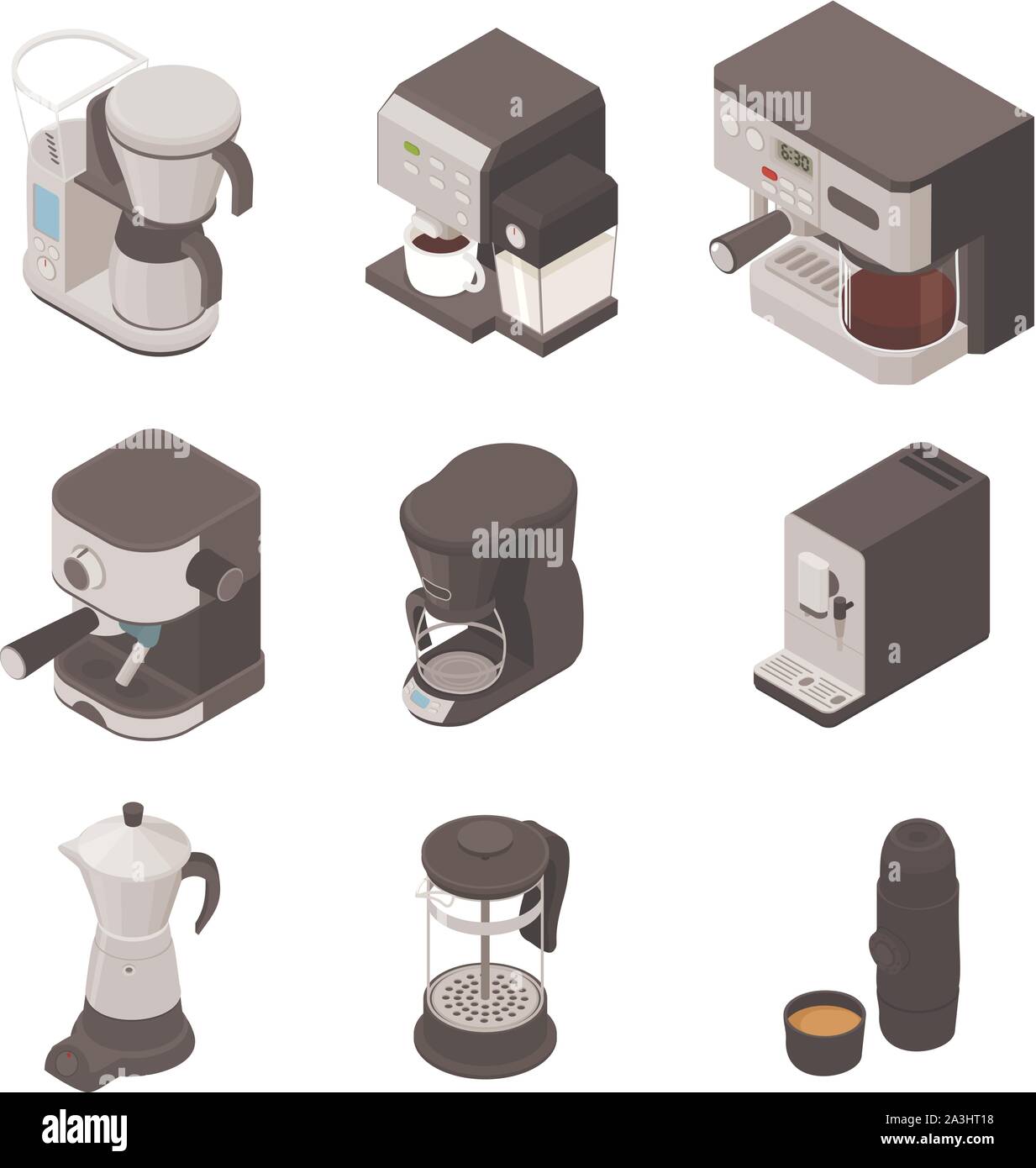 Coffee maker icons set. Isometric set of coffee maker vector icons for ...