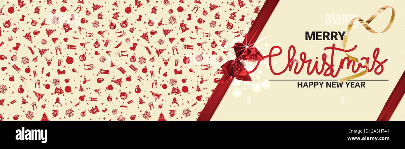 Mock up for Christmas holiday cards. Ribbon tied banner with bow ...