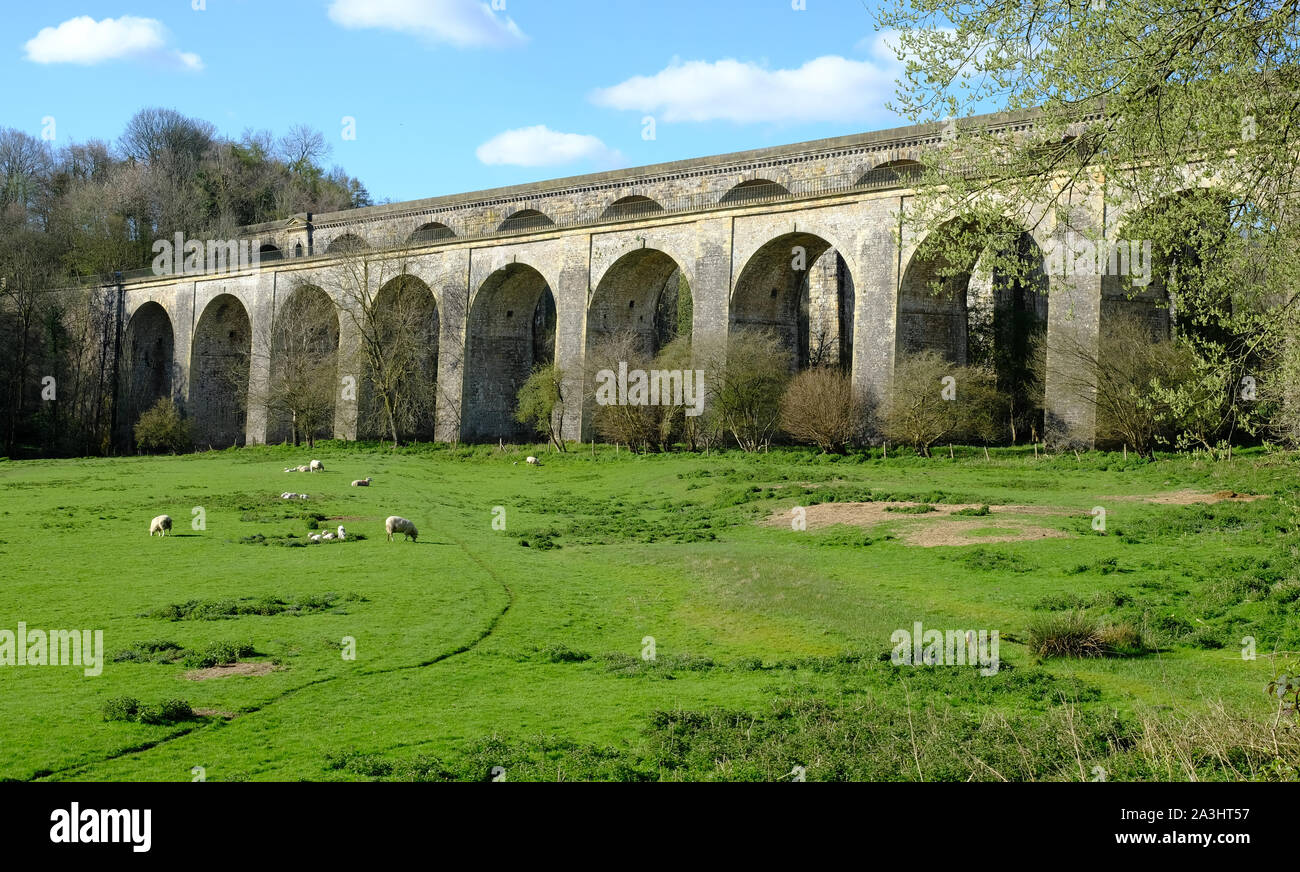 Chirk Aqueduct in Wales, with the later railway viaduct behind it Stock ...