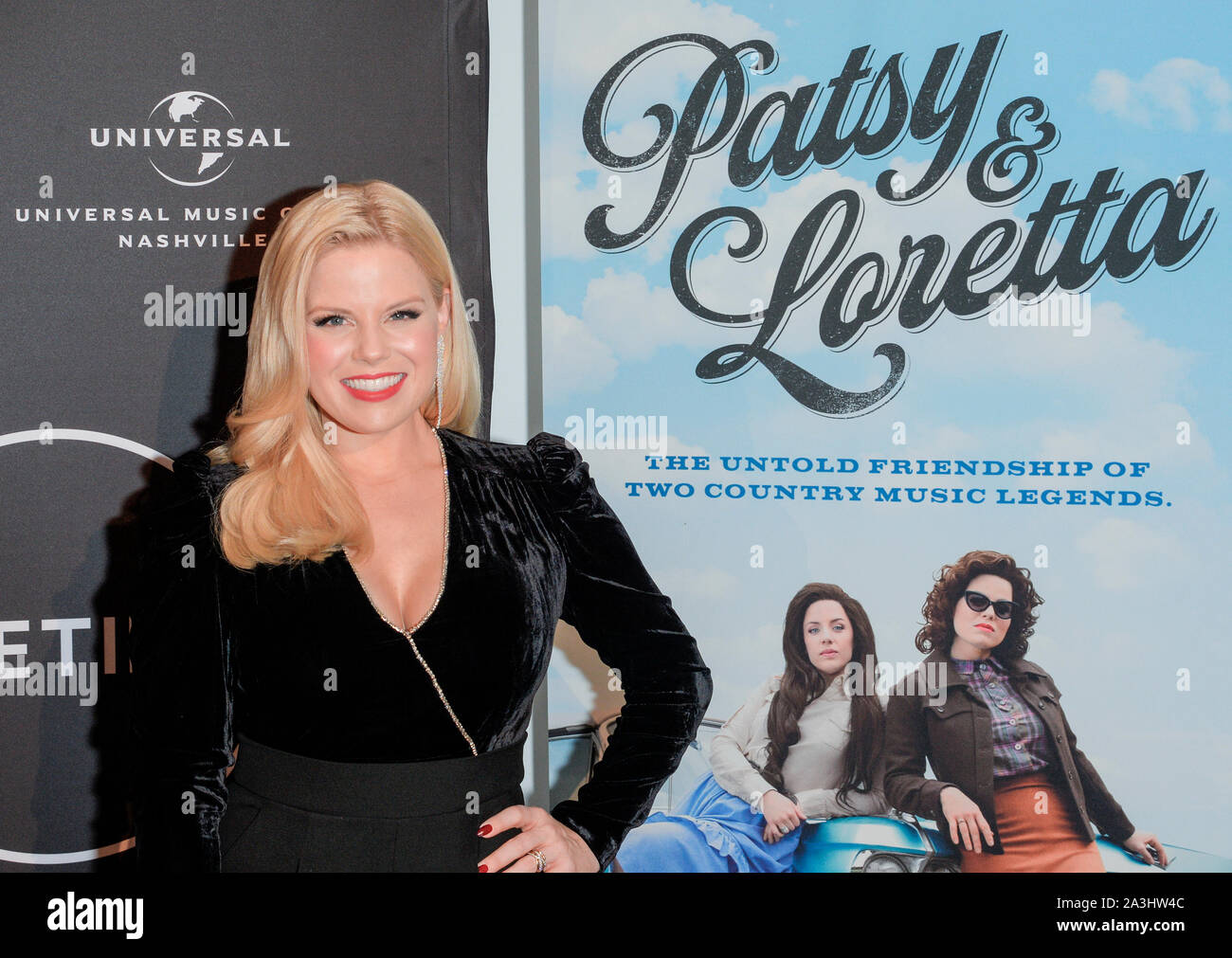 Megan Hilty wearing suit by Intermix attends Lifetime presents special screening of "Patsy ...