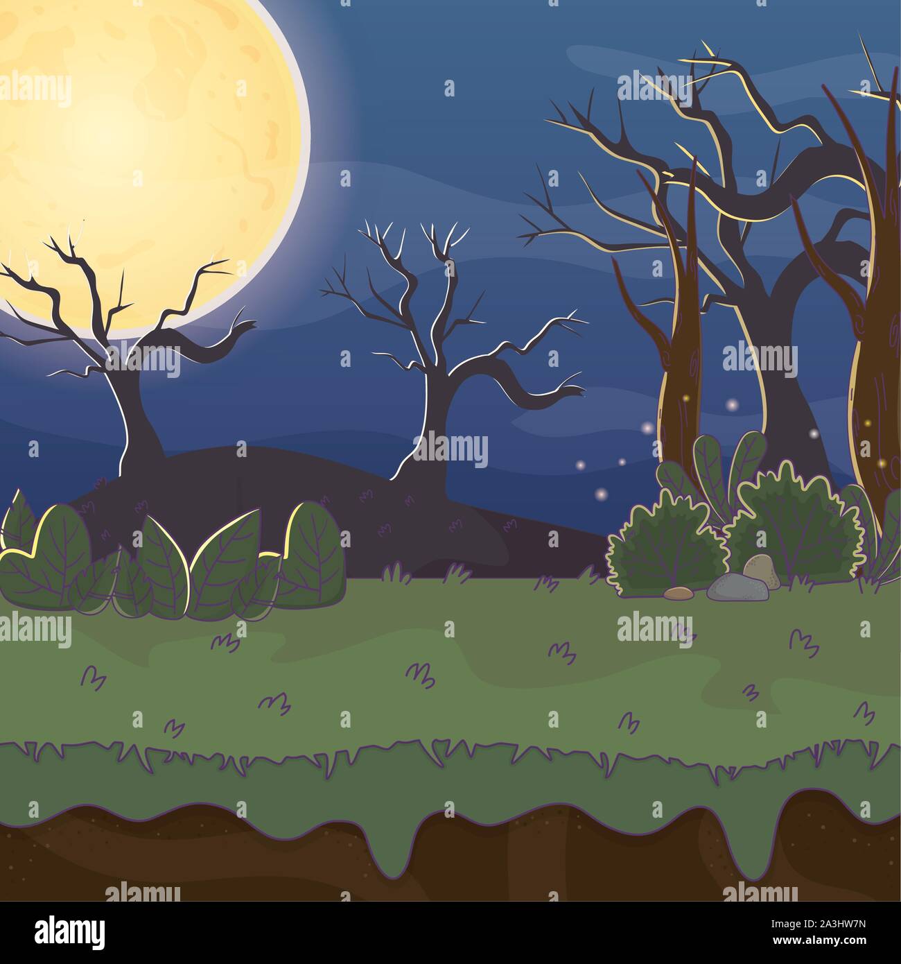 dry trees night moon trick or treat happy halloween vector illustration ...
