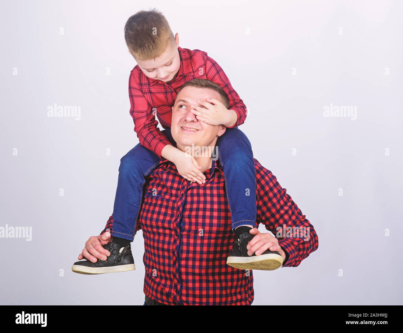 Here I am. Real joy. fathers day. happy family. father and son in red ...