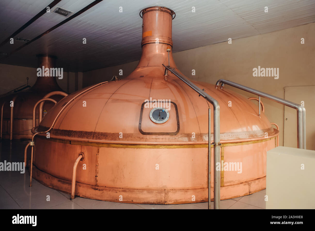Brewing production - mash vats. Modern brewery factory interior. Steel ...