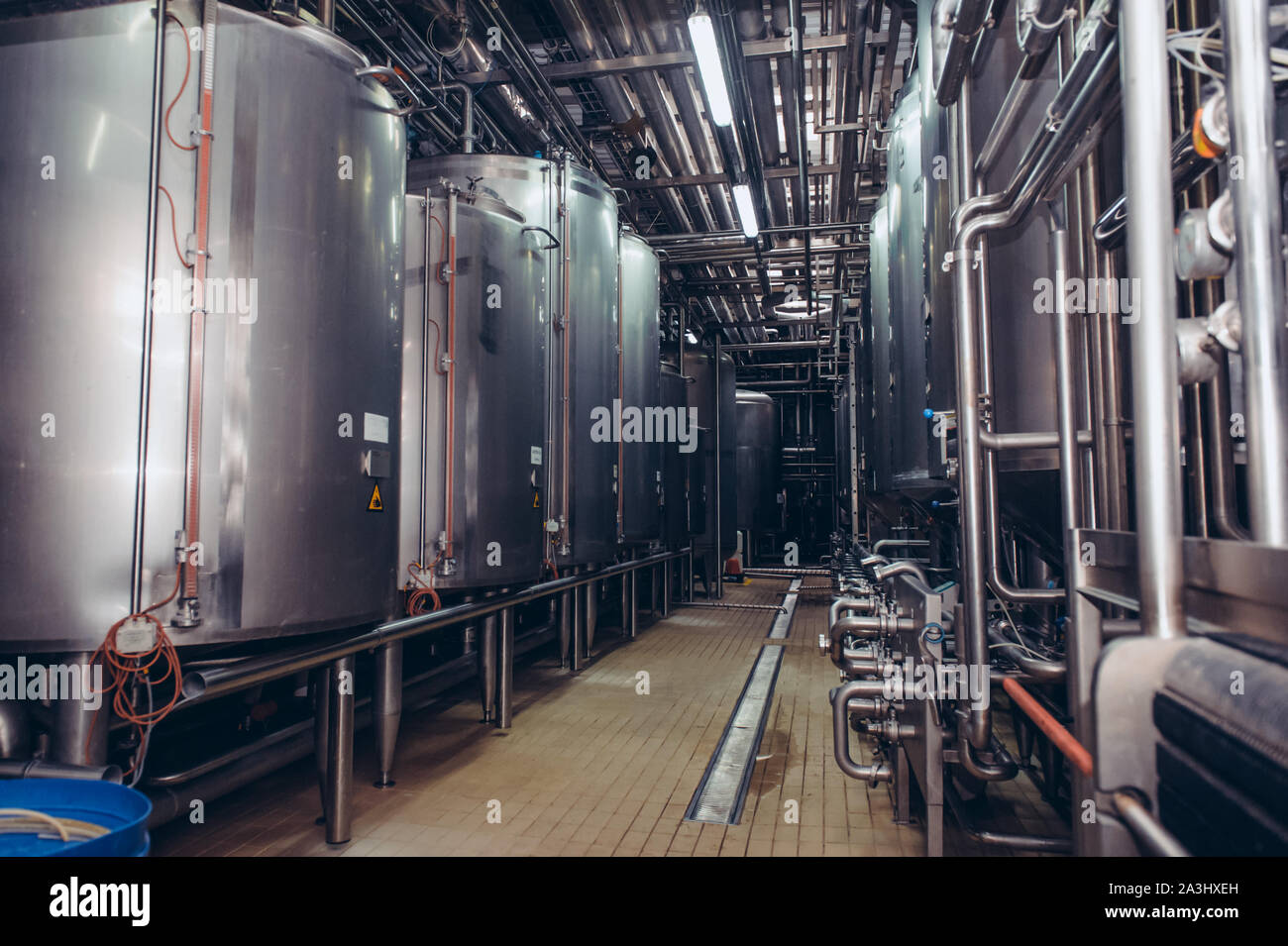 Modern brewery factory interior.Steel tanks or vats for filtration beer ...