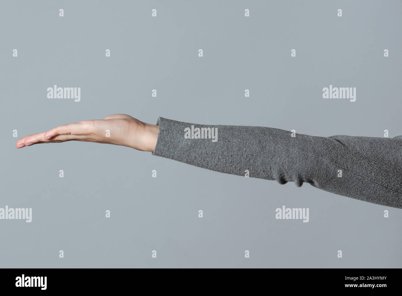 Giving or asking hand sign by female hands isolated on gray background ...