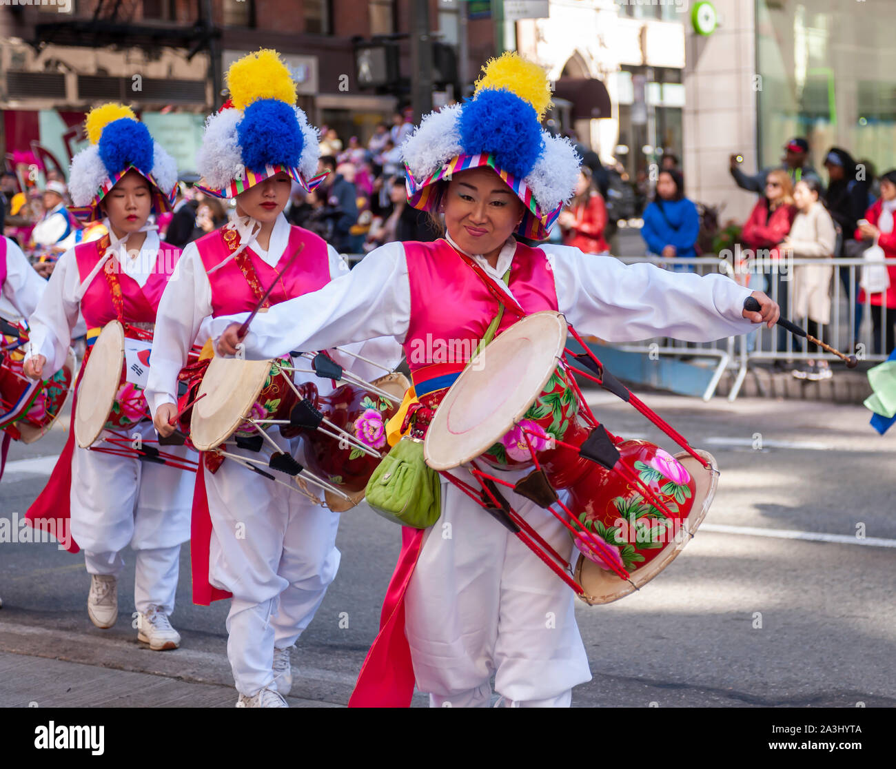 Traditional Korean band marches down Sixth Avenue in New York for their ...