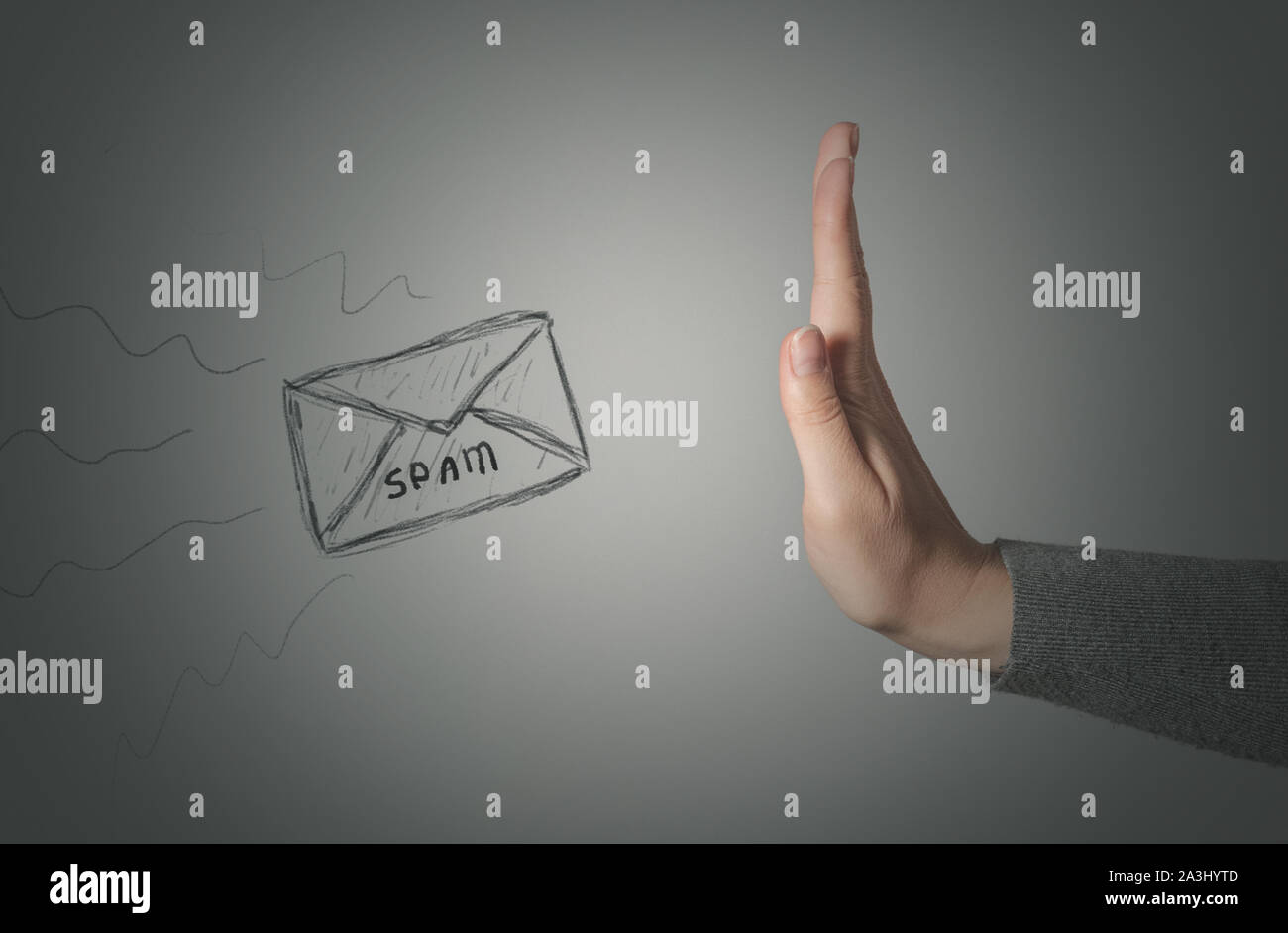 Stop spam concept. Stop gesture by female hand and spam letter on gray ...