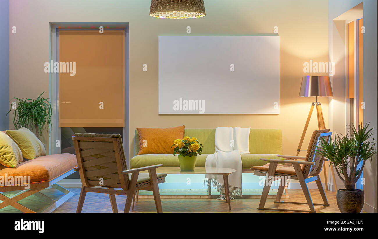 Modern Living Room with colored led light - Picture background. 3D ...