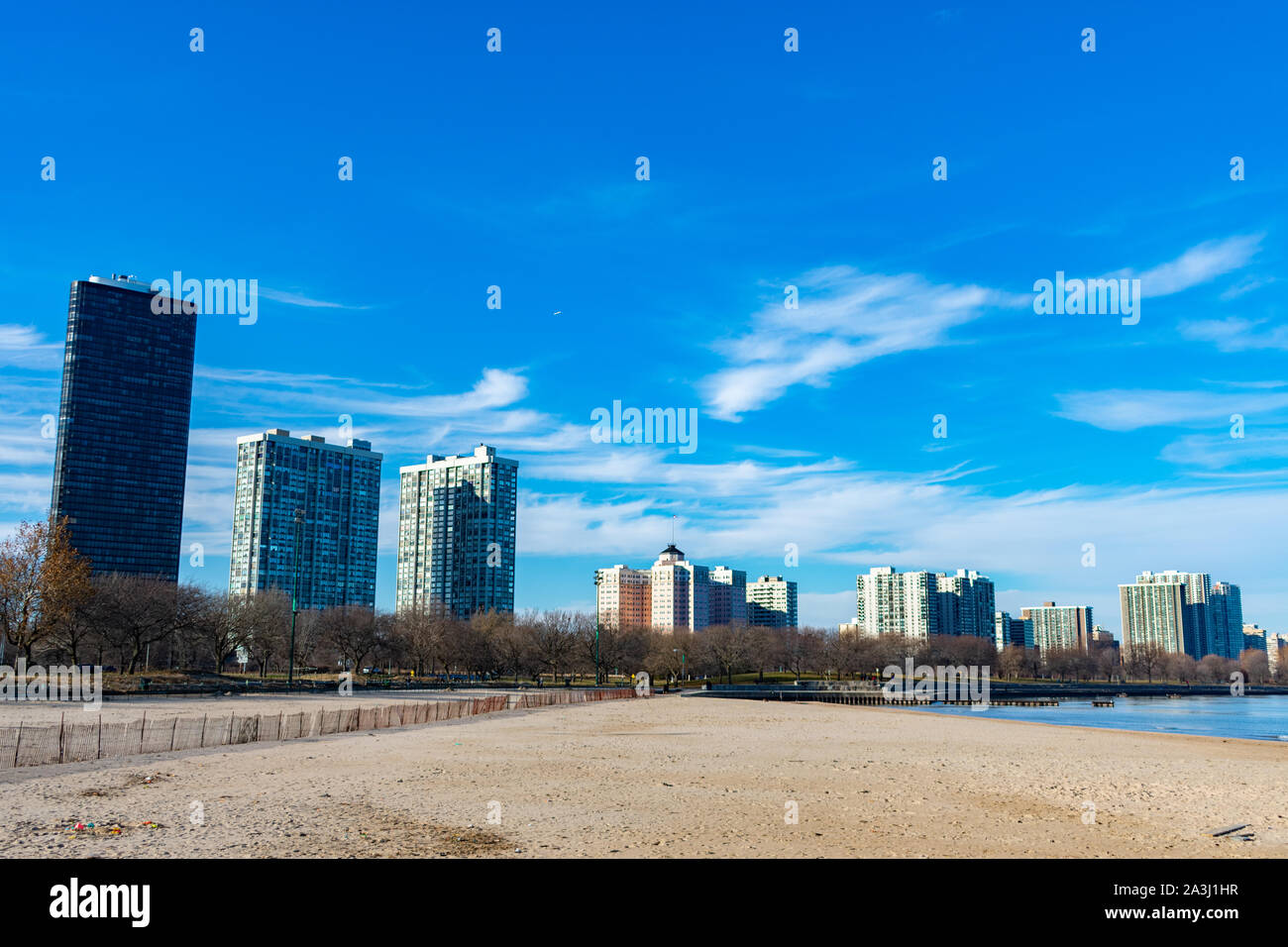 Foster Beach in Chicago with the Edgewater Neighborhood Skyline Stock ...