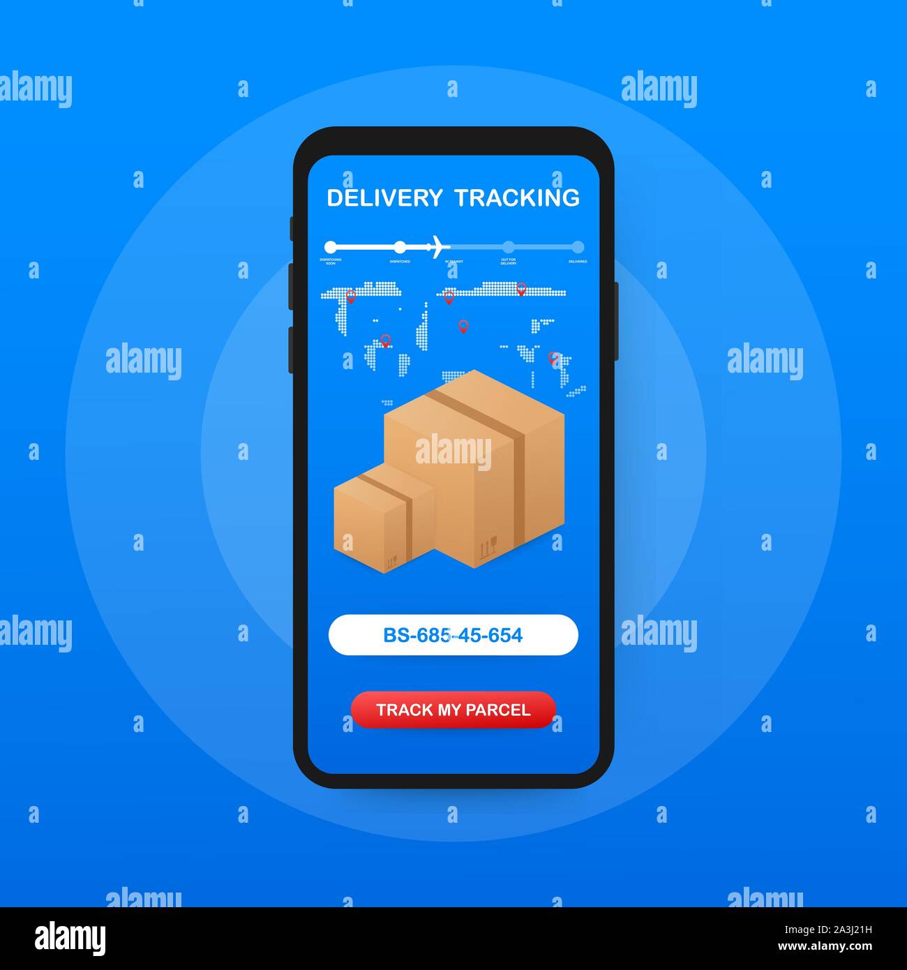 Parcel tracking. Hand holding smartphone with cardboard package ...