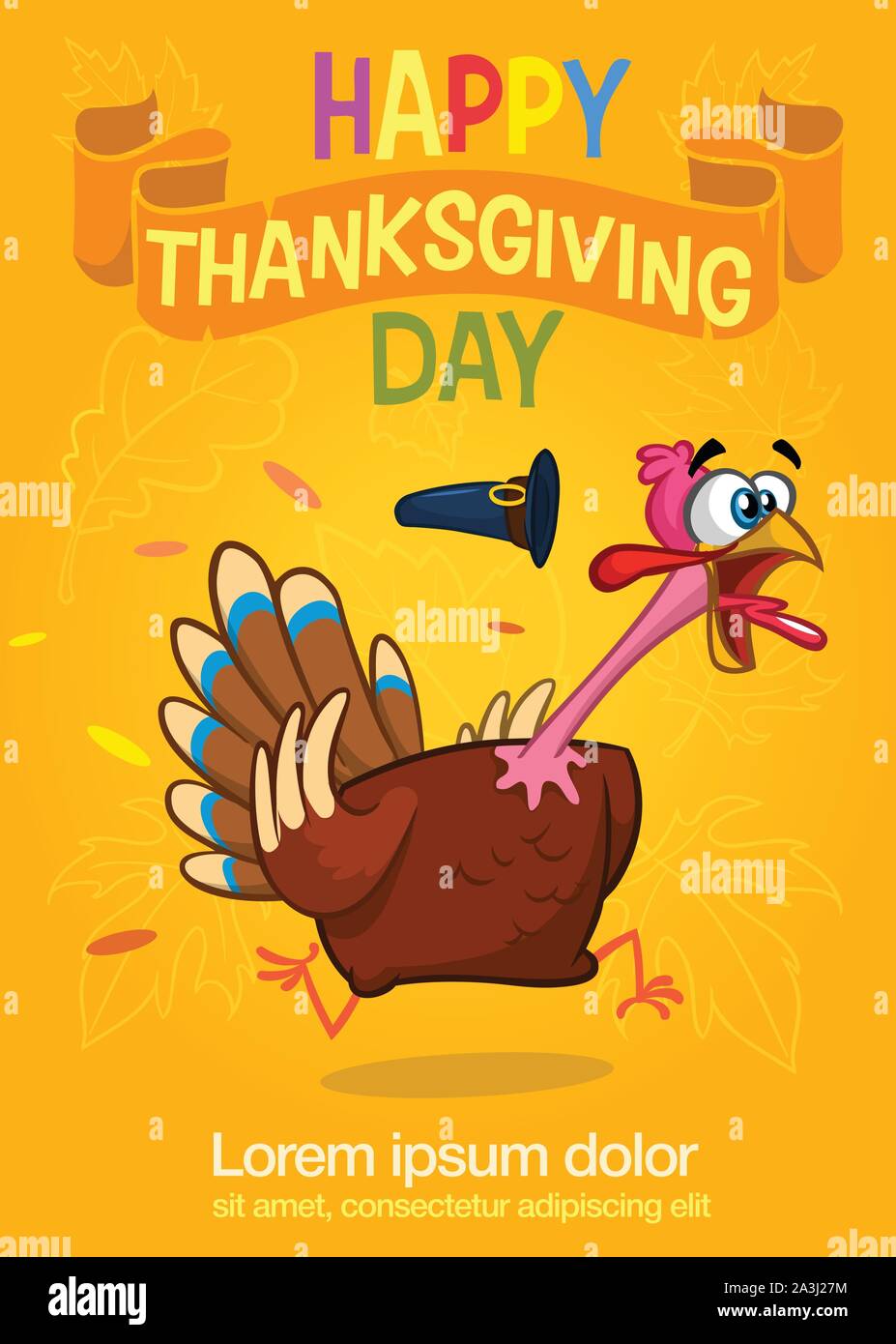Happy turkey cartoon running isolated on orange background. Vector ...