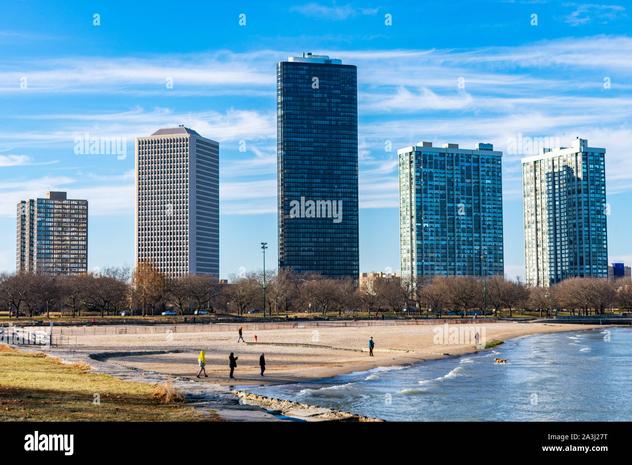 Foster Beach in Chicago with the Edgewater Neighborhood Skyline Stock ...