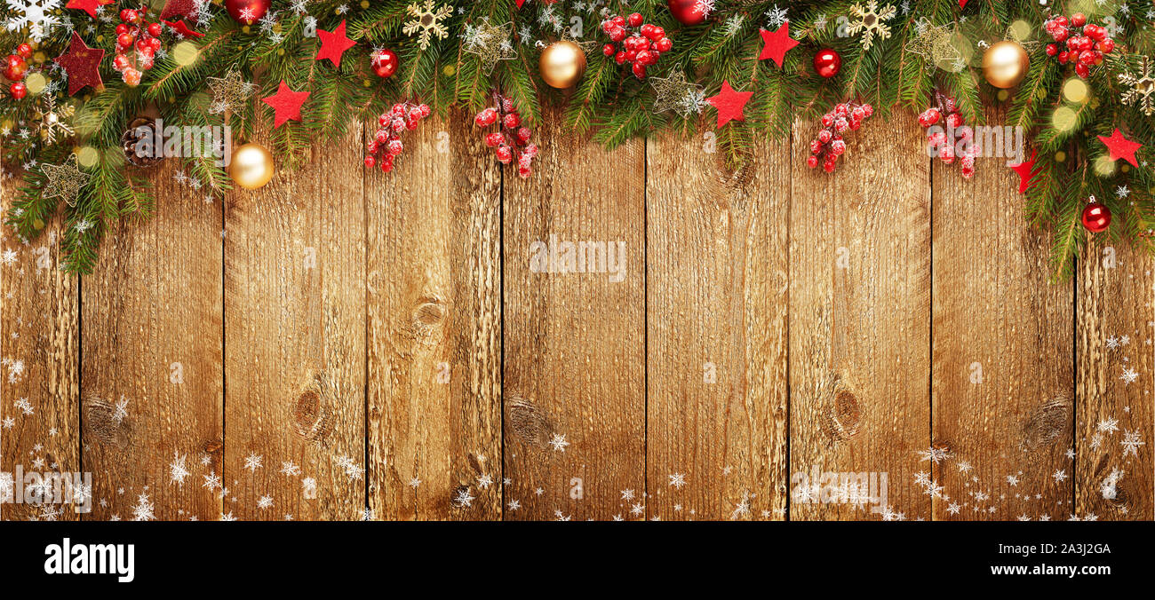 Christmas wooden banner with decoration and fir tree. Snow and light ...