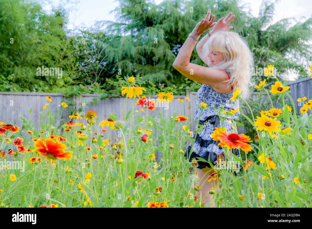 Woman dancing in wildflowers Stock Photo - Alamy
