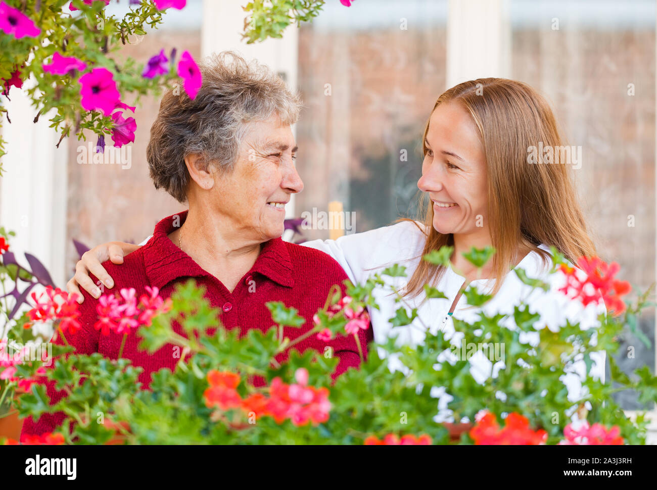 Happy elderly woman and her helpful assistant Stock Photo - Alamy