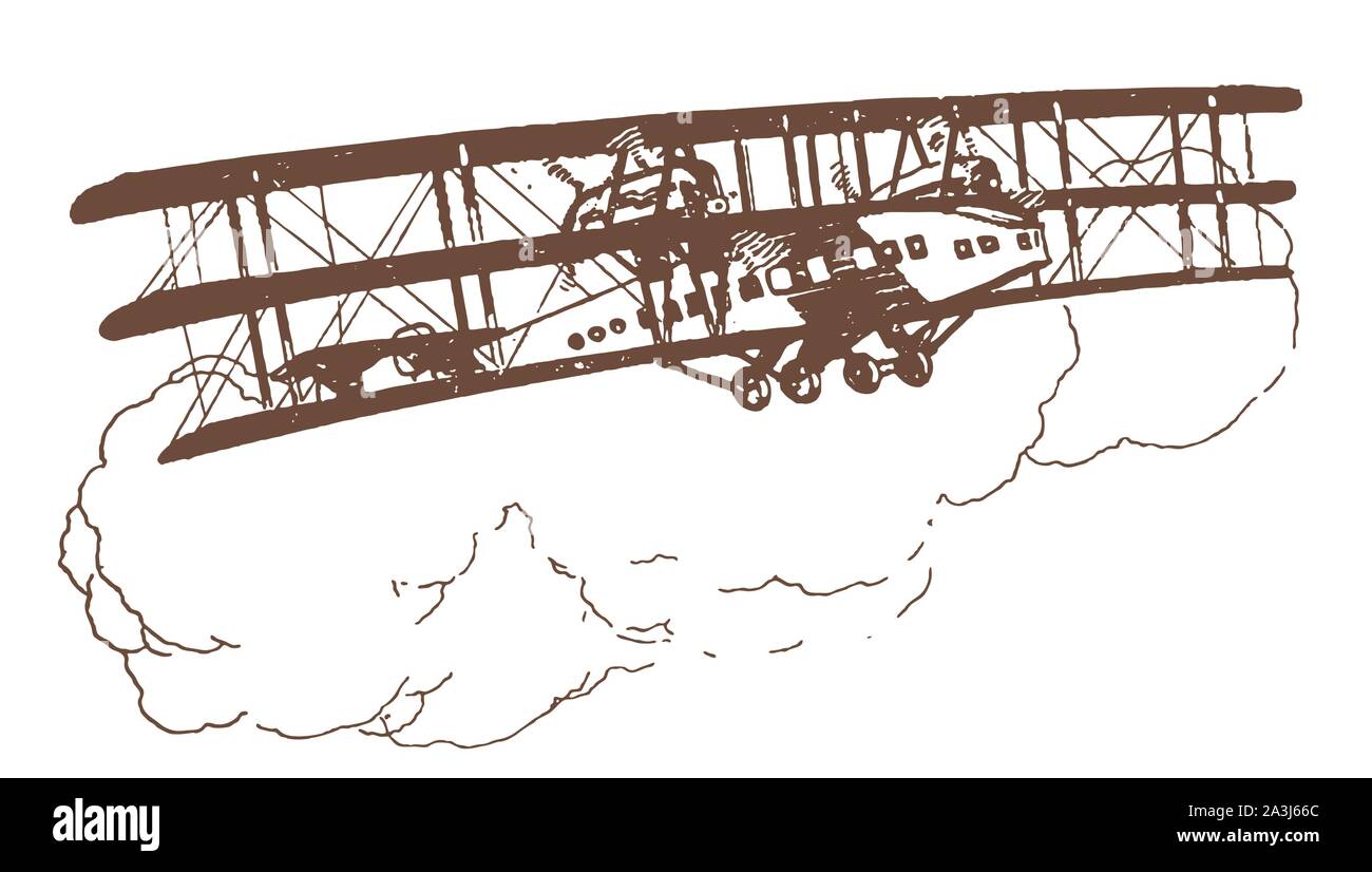 Historical propeller-driven triplane airliner flying in front of large ...