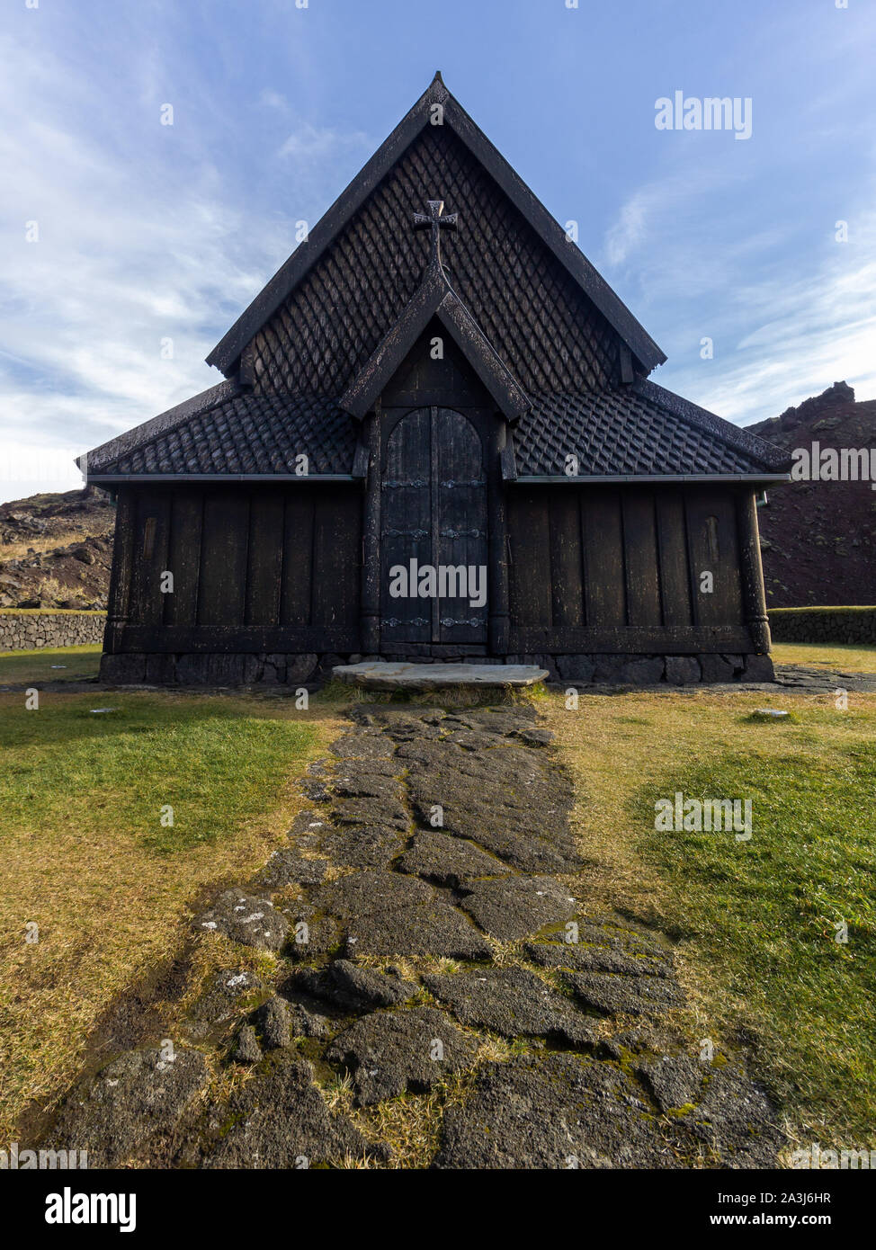 Stafkirkjan wooden church in Vestmannaeyjabær on the island of Heimaey ...