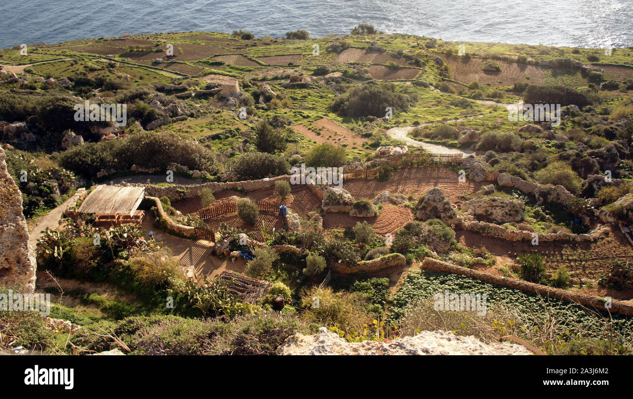 View from top of Dingli Cliffs on rural landscape, Malta Stock Photo ...